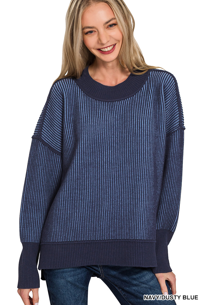 Exposed Seam Two Tone Sweater-Navy/Dusty Blue| Shop Bella Grace